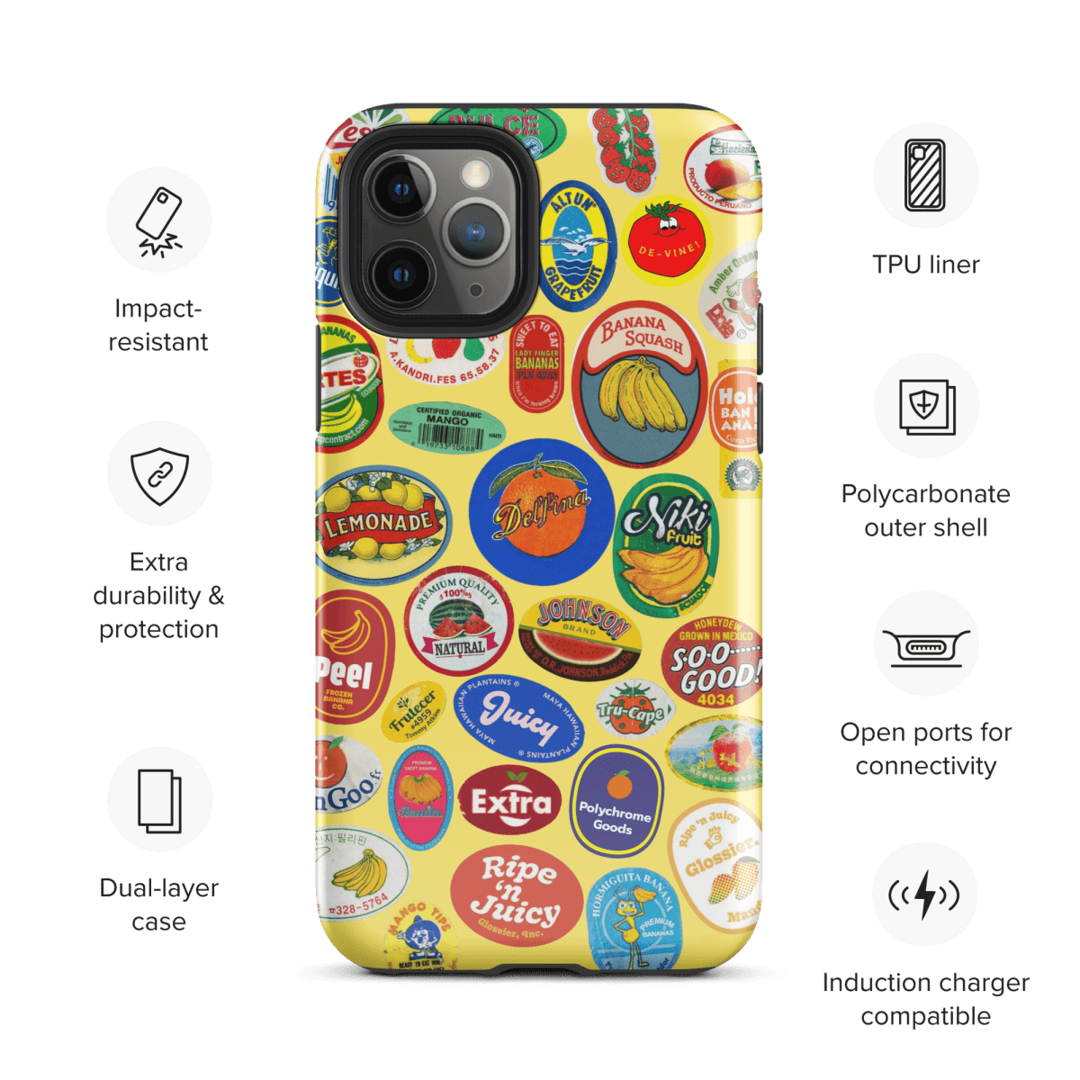 Fruit Stickers 🍊🍒🍋🍍🍏 Phone Case for iPhone (Yellow Background ...